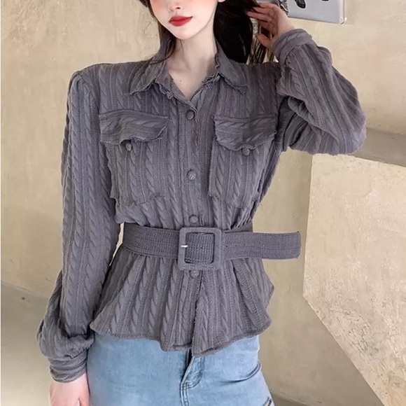 Jackets & Coats | Jacket Thin Belted Cable Knit Dark Gray Womens Collar ...